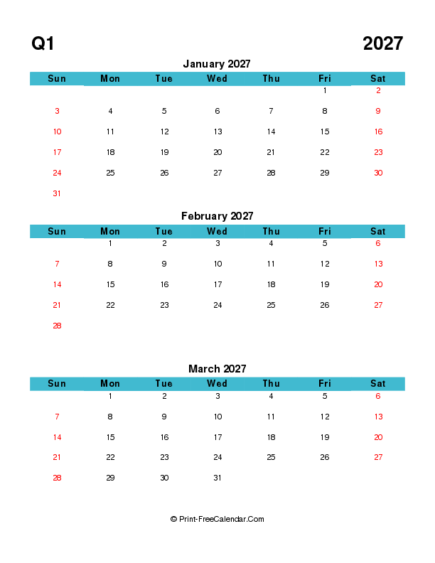 Quarterly Calendar: Q1 2027 (PDF, Word, Excel, Sunday start)