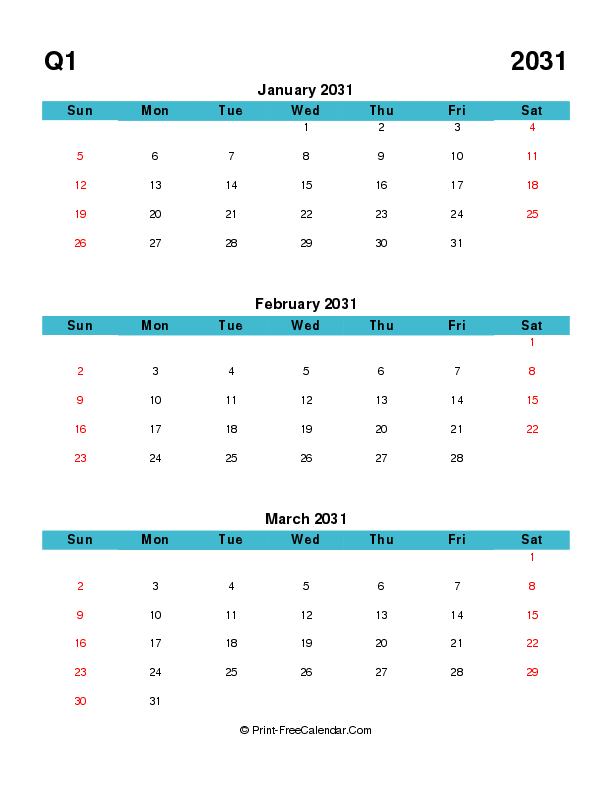 Download Quarterly Calendar Editable Q1 2031 January February March ...