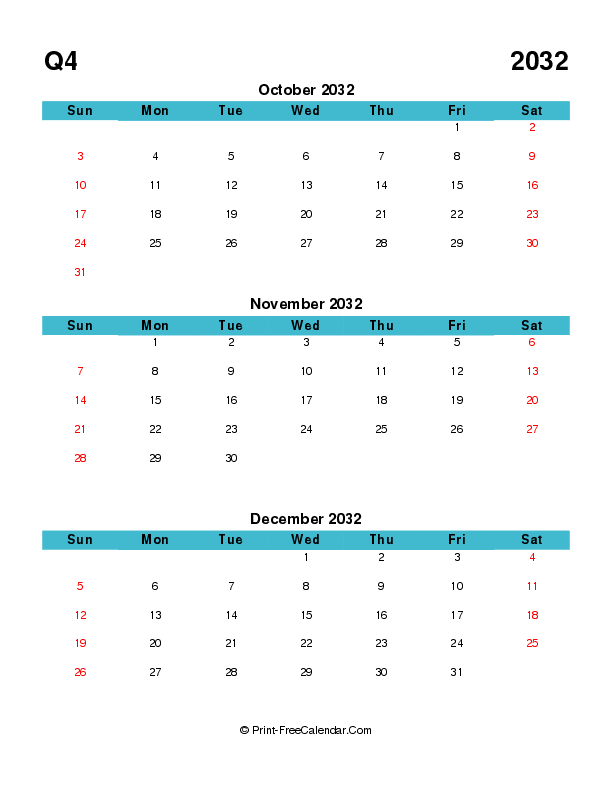 Quarterly Calendar: Q4 2032 (PDF, Word, Excel, Sunday start)