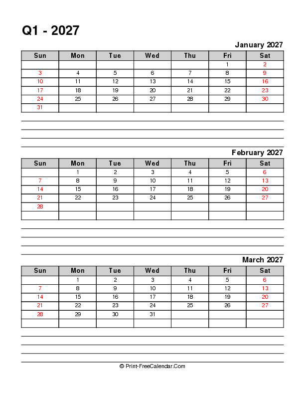 Quarterly Calendar: Q1 2027 (PDF, Word, Excel, Sunday start)