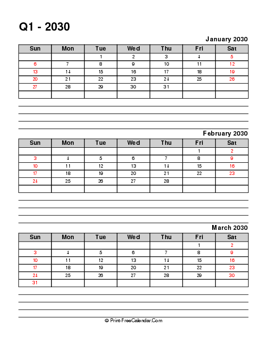 Download Blank Quarterly Calendar Q1 2030 January February March Sunday ...