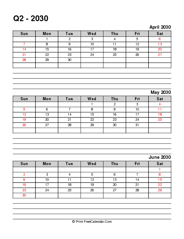 Quarterly Calendar: Q2 2030 (PDF, Word, Excel, Sunday start)
