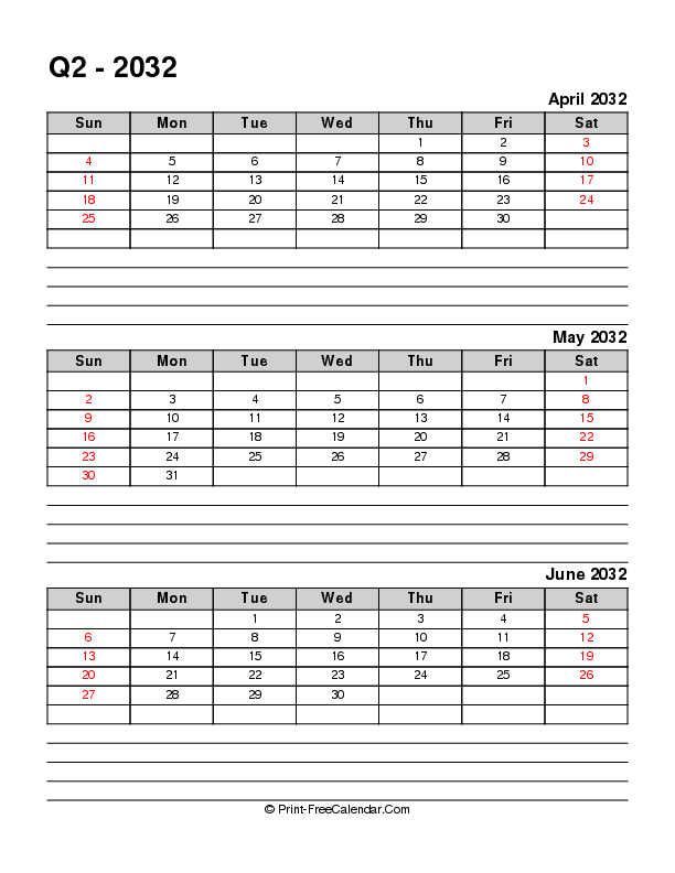 Quarterly Calendar: Q2 2032 (PDF, Word, Excel, Sunday start)