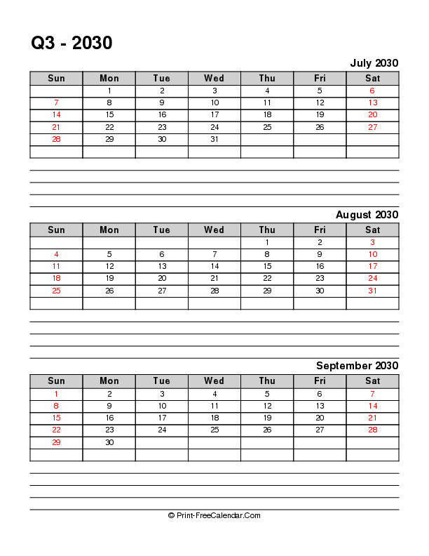 Quarterly Calendar: Q3 2030 (PDF, Word, Excel, Sunday start)