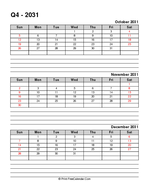 Quarterly Calendar: Q4 2031 (PDF, Word, Excel, Sunday start)