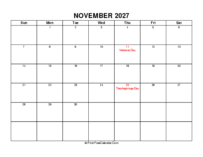 November 2027 Calendars with USA Holidays (Word, PDF, Excel)