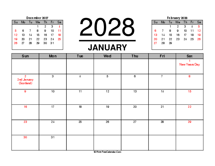 Download Three Month Calendar January 2028 With Uk Bank Holidays Sunday ...