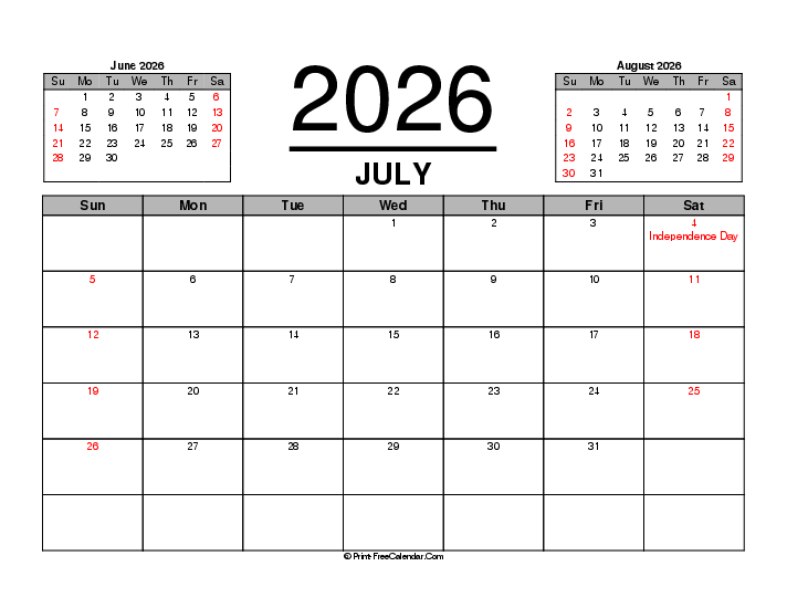 July 2026 Calendars With USA Holidays Word PDF Excel July 2026 Calendars With USA Holidays Word PDF Excel