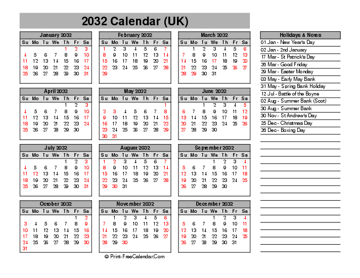 Download Year 2032 Calendar Printable With Uk Bank Holidays Sunday ...