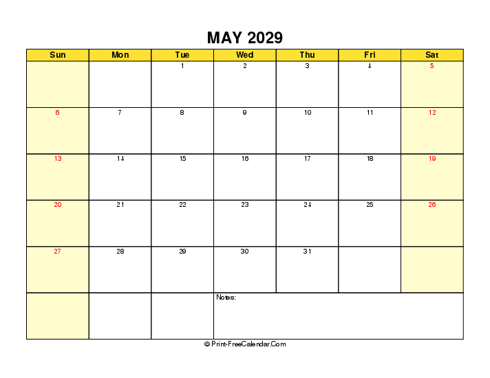 Download Yellow Printable 2029 May Calendar Sunday Start (PDF, Word ...